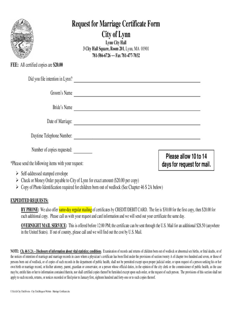 Fillable Online Lynn City Hall - Fill Online, Printable, Fillable ...