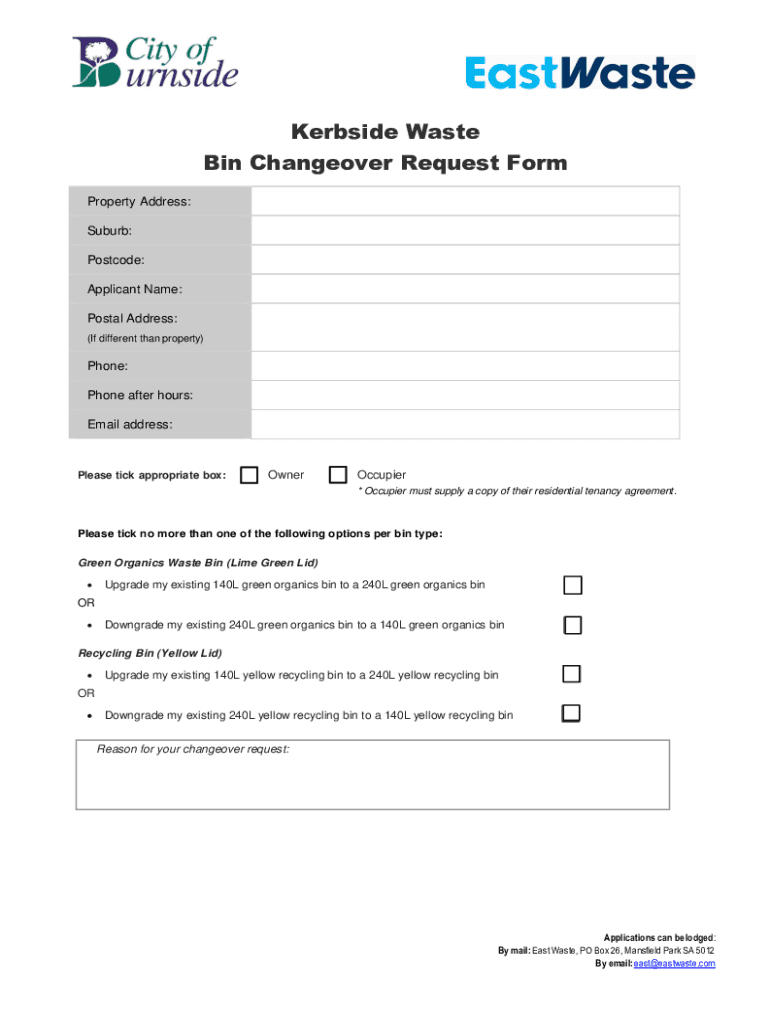 Fillable Online Change to Domestic Waste Service Bins form - Kingston ...