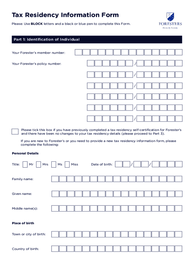 Fillable Online Tax Residency Information Form - Foresters Financial ...