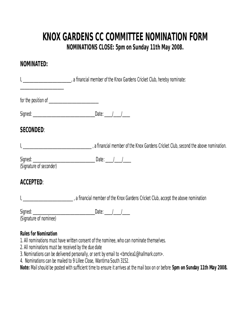KNOX GARDENS CC COMMITTEE NOMINATION ... Doc Template | pdfFiller