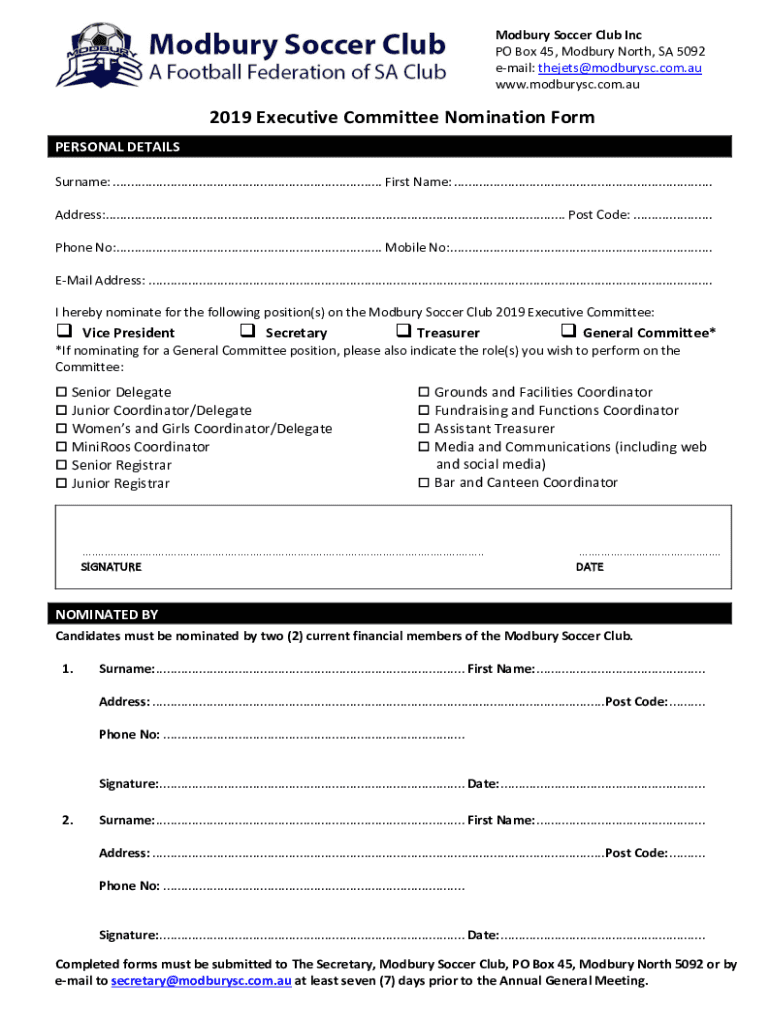 Fillable Online 2019 Modbury Soccer Club Exec Committee Nomination Form ...