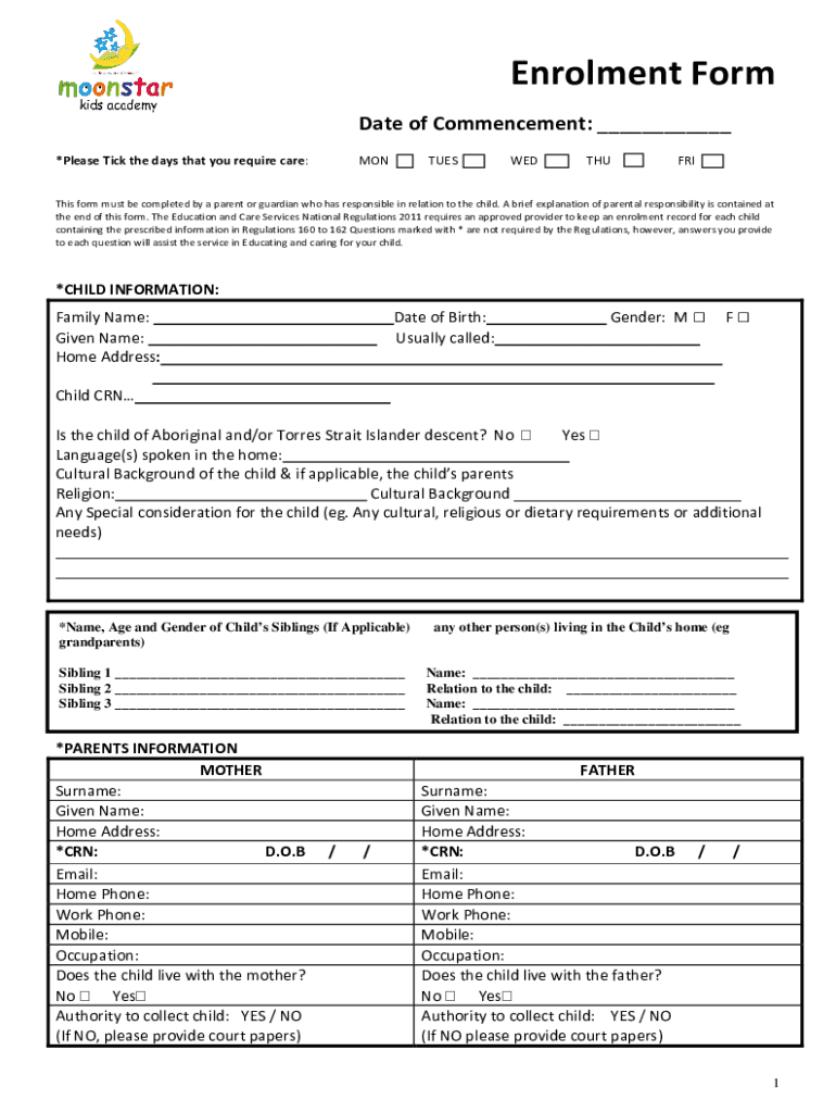 Fillable Online Star of the Sea OSHC Enrolment Form Fax Email Print ...