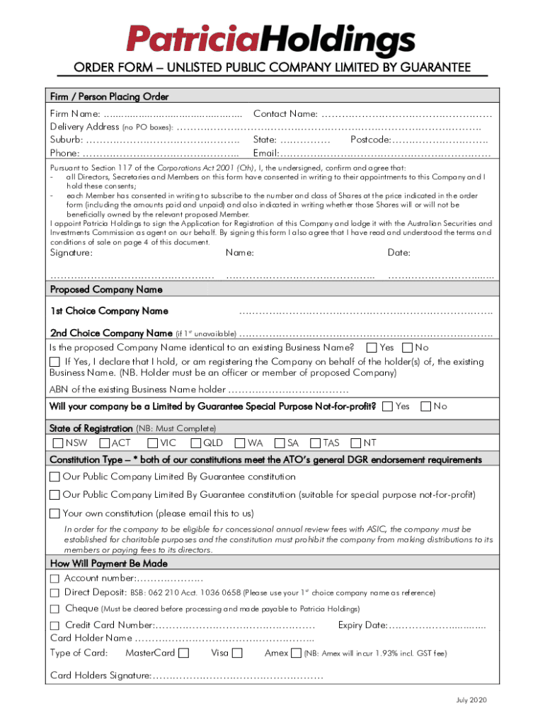 Fillable Online ORDER FORM UNLISTED PUBLIC COMPANY LIMITED BY SHARES ...