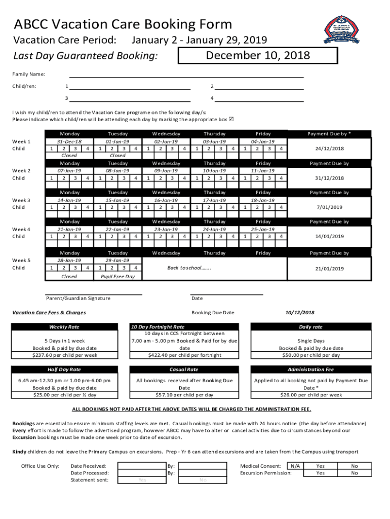 Fillable Online ABCC Vacation Care Booking Form - St Johns Anglican ...