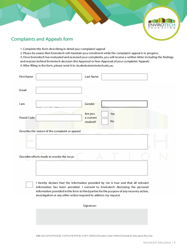 Fillable Online envirotech edu Complaints and Appeals form - Envirotech Education Fax Email ...