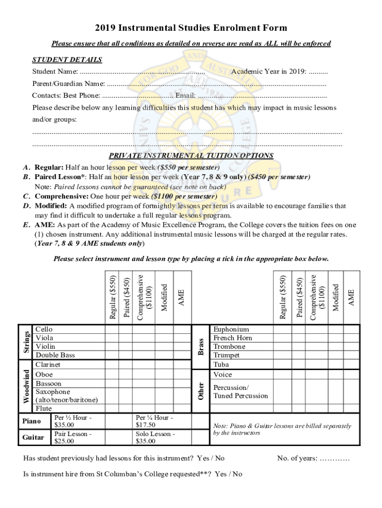 Fillable Online 2019 Instrumental Enrolment Form Fax Email Print ...