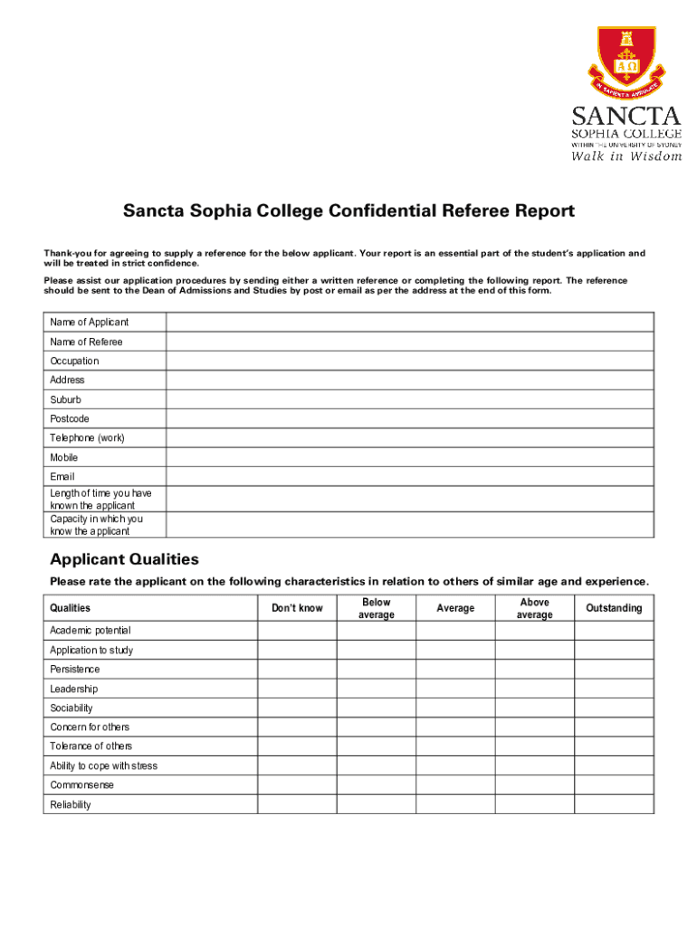 Fillable Online REFEREES CONFIDENTIAL REPORT ON A CANDIDATE FOR ...