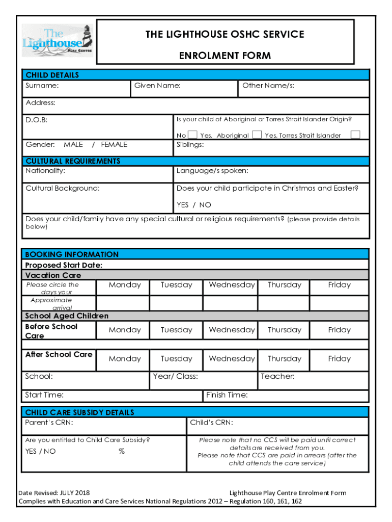 Fillable Online OSHC SERVICE ENROLMENT FORM - St James Anglican School ...