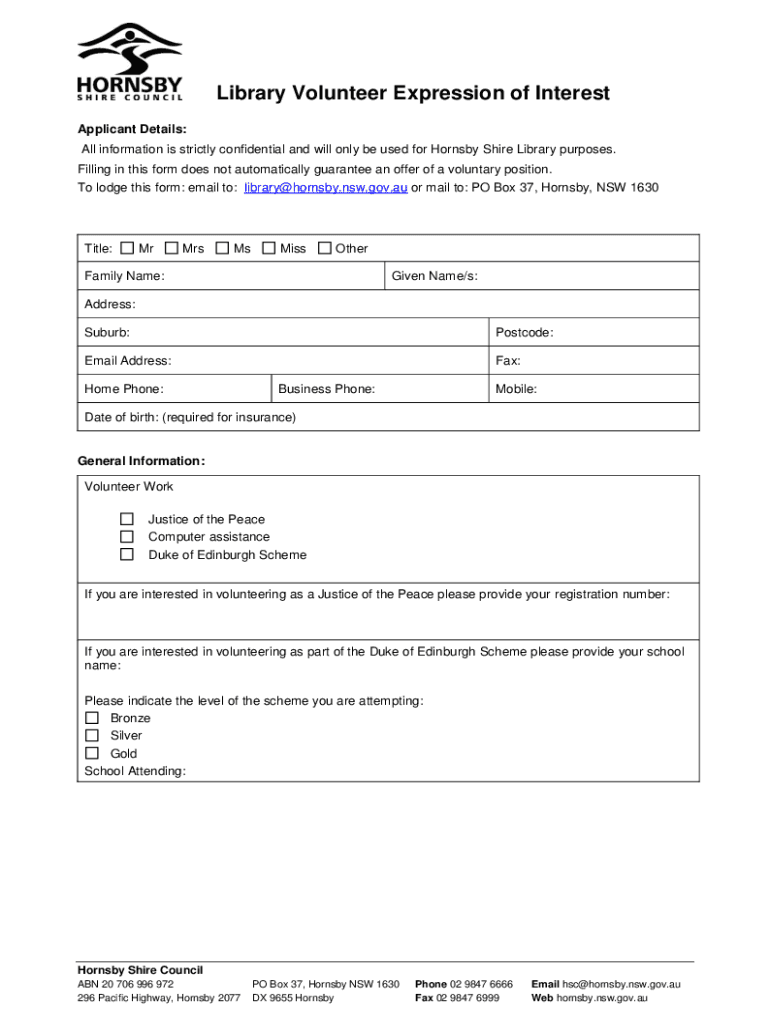Fillable Online Library Volunteer Expression of Interest FormHornsby ...