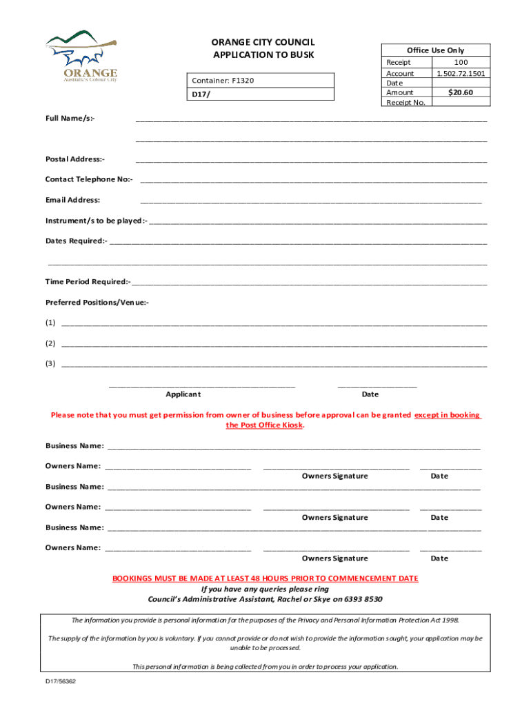 Fillable Online ORANGE CITY COUNCIL APPLICATION TO BUSK Office Use Only ...