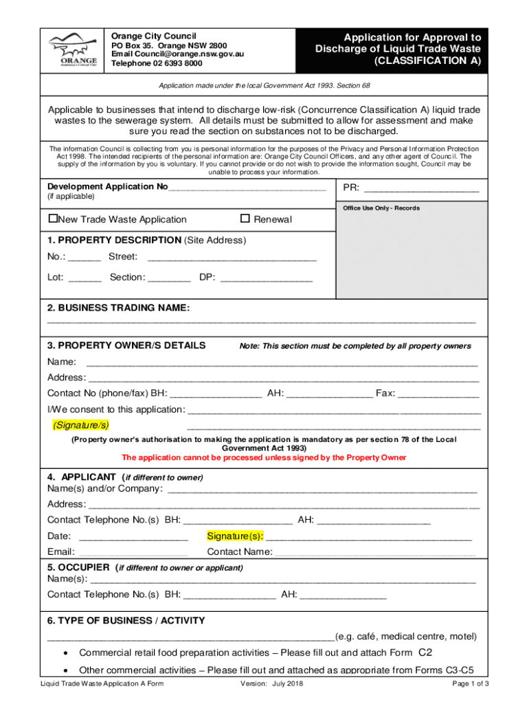 Fillable Online Orange City Council Application for Approval to PO Box ...