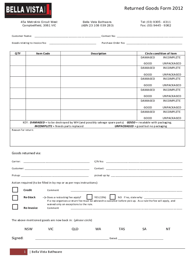 Fillable Online Returned Goods Form 2012 Fax Email Print - pdfFiller