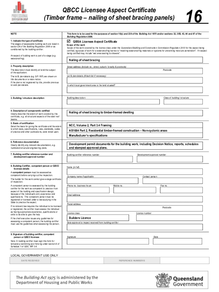 Fillable Online (Timber frame QBCC Licensee Aspect Certificate nailing ...