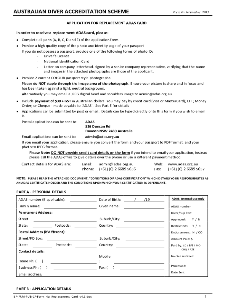 Fillable Online APPLICATION FOR REPLACEMENT ADAS CARD In order to ...