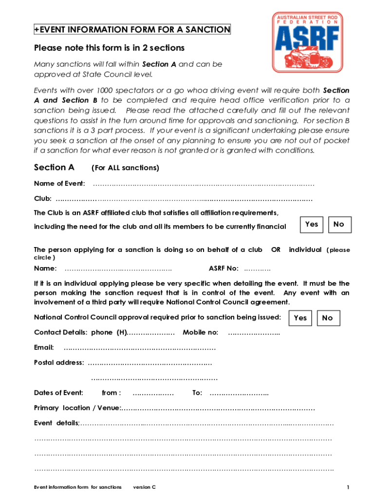 Fillable Online +EVENT INFORMATION FORM FOR A SANCTION Please note this ...