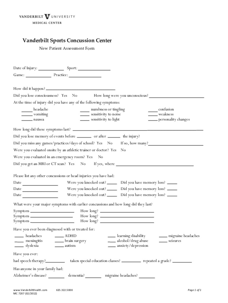 Fillable Online 7207 New patient assessment form Concussion 02.28.12 ...