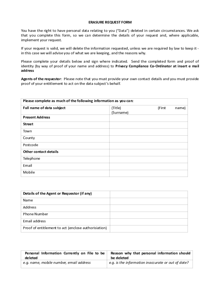Fillable Online DPG15 DATA ERASURE REQUEST FORM - The Residence Hotel ...