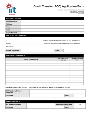 Fillable Online Credit Transfer (RCC) Application Form - IRT Fax Email ...