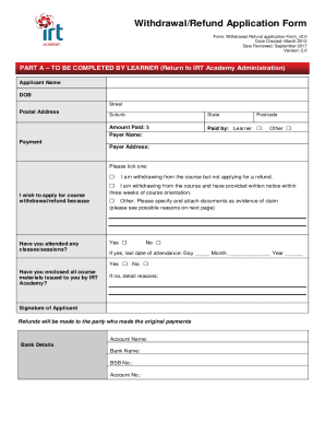 Fillable Online Withdrawal/Refund Application Form - IRT Fax Email ...