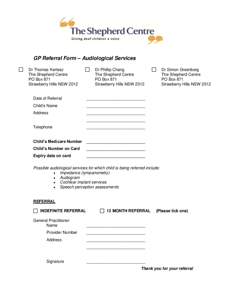 Fillable Online GP Referral Form Audiological Services - The Shepherd ...