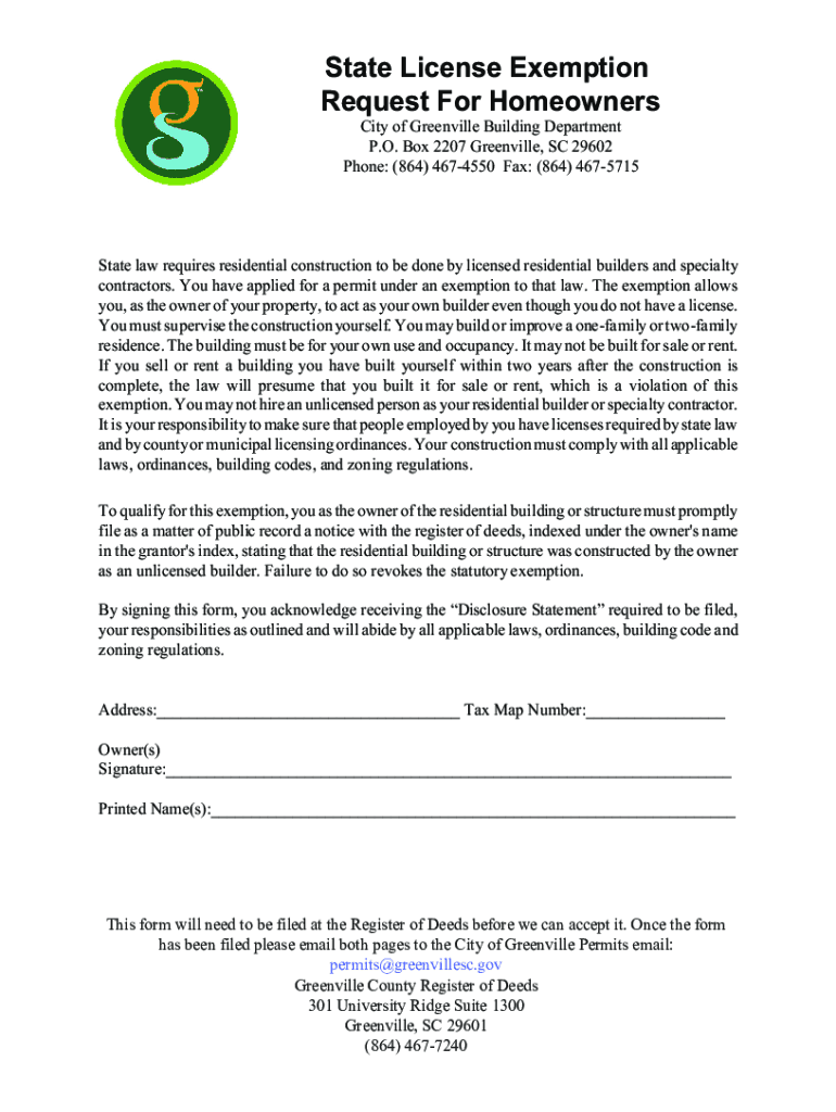 Fillable Online Owner / Builder / Contractor License Exemption Request ...