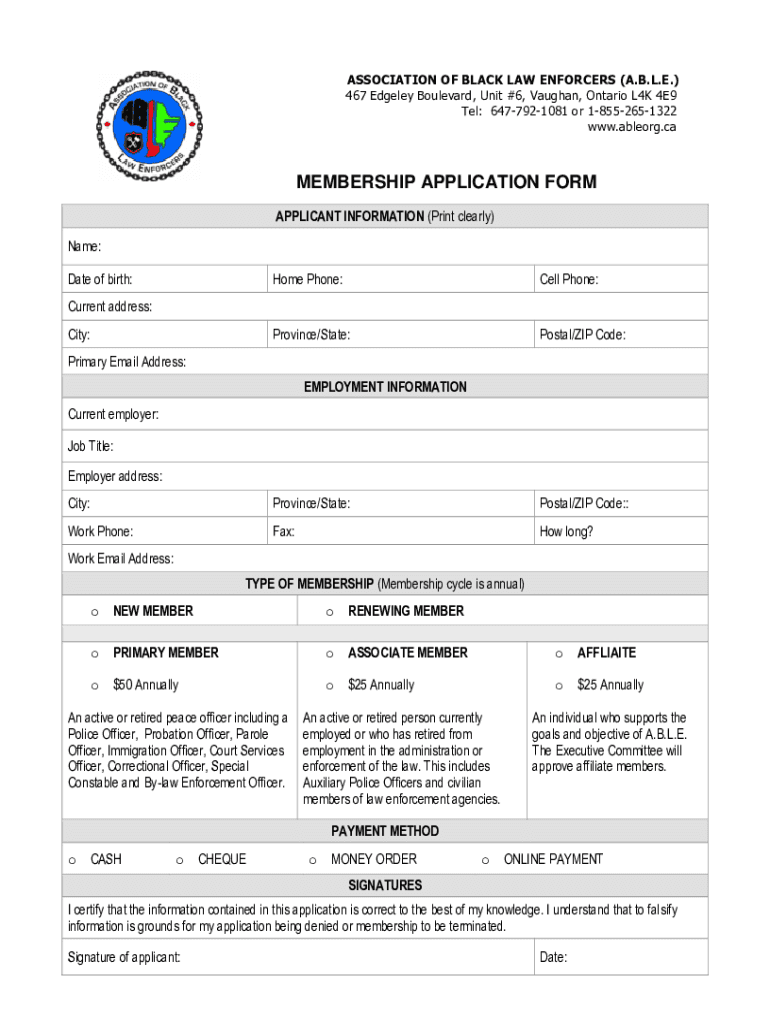 Fillable Online ABLE Membership Application Form WordFormate Fax Email ...