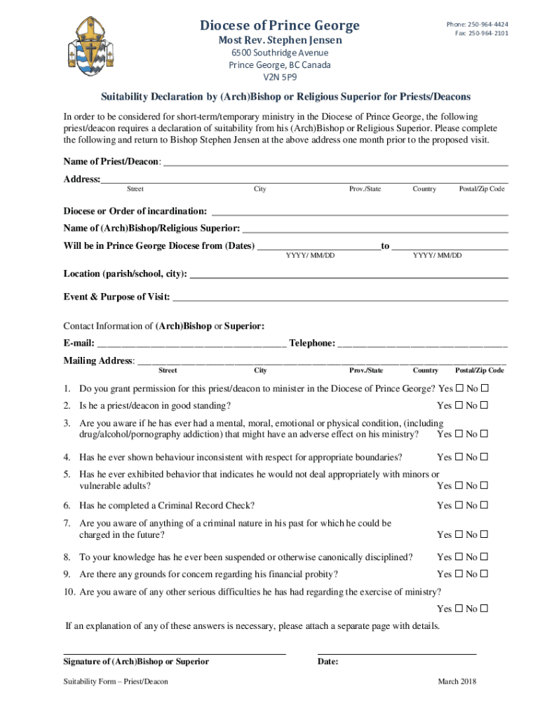 Fillable Online Bishop - The Roman Catholic Diocese Of Prince George ...
