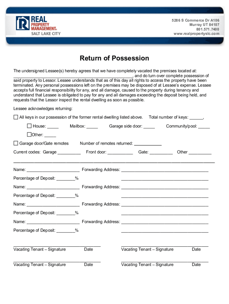 Fillable Online PDF Tenant Return of Possession Form - Amazon S3 Fax ...