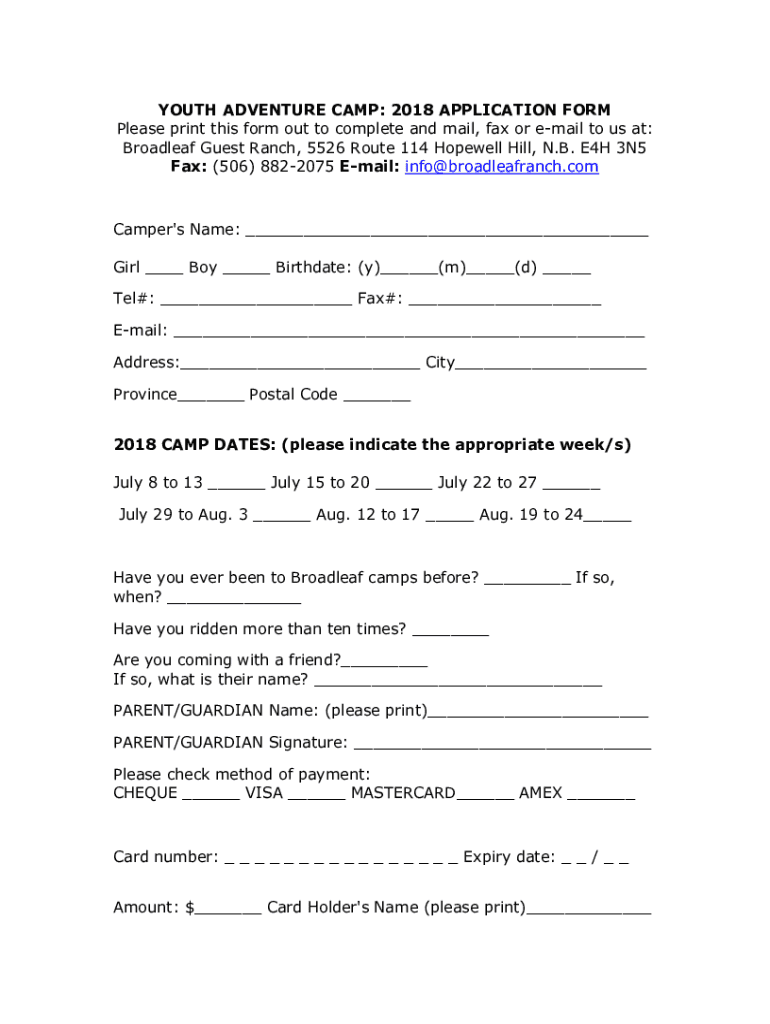Fillable Online YOUTH ADVENTURE CAMP: 2019 APPLICATION FORM ... Fax ...