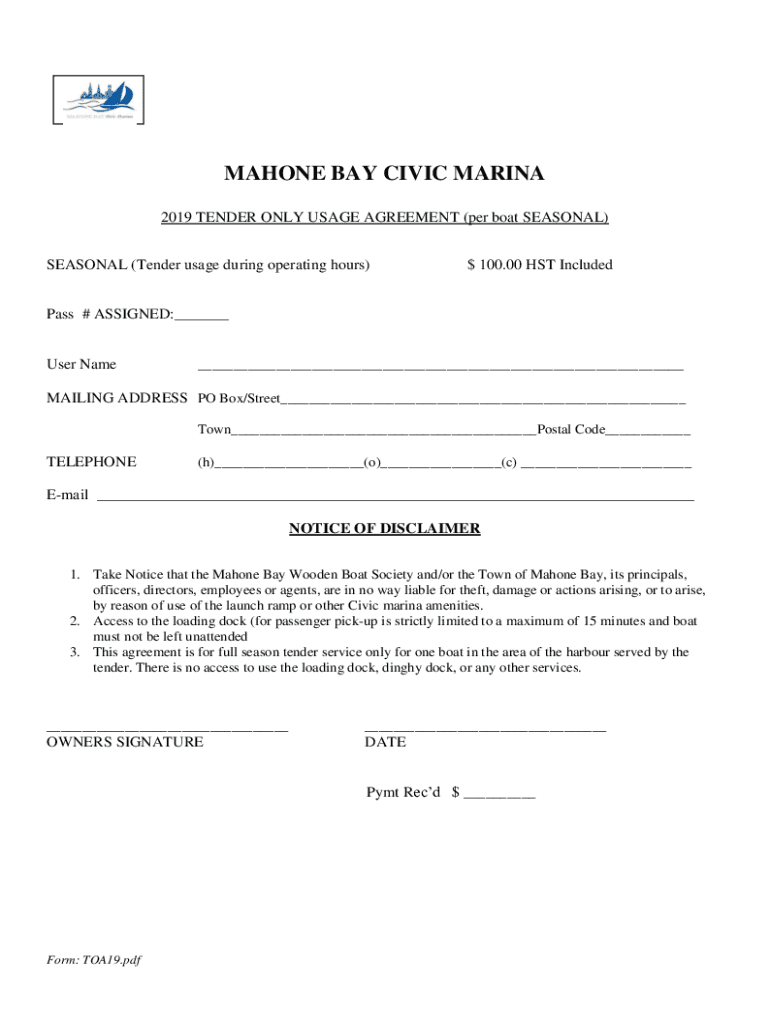 Fillable Online MAHONE BAY CIVIC MARINA - Form: TOA19.Pdf MAHONE BAY ...