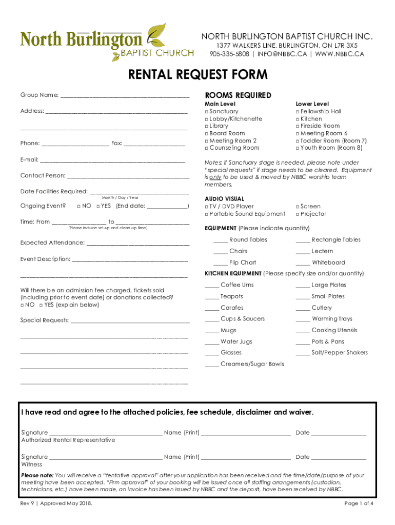 Fillable Online RENTAL REQUEST FORM - North Burlington Baptist Church ...