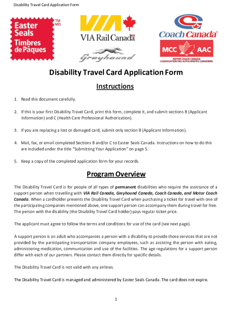 Fillable Online Disability Travel Card Application Form - Easter Seals ...