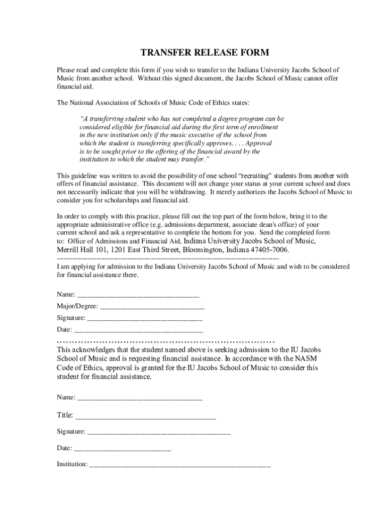 Fillable Online music indiana PDF Transfer Release Form - Jacobs School ...