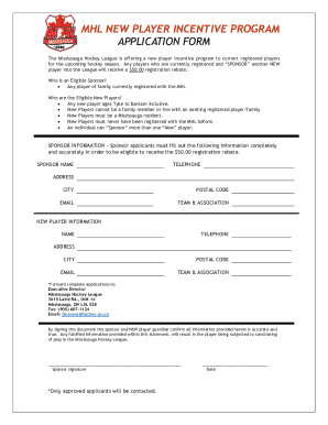 Fillable Online MHL NEW PLAYER INCENTIVE PROGRAM APPLICATION FORM Fax ...