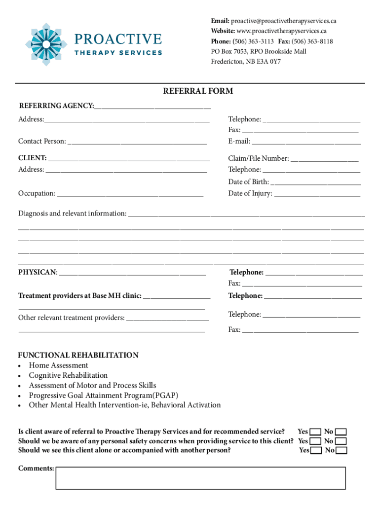 Fillable Online Mental Health Referral Form - Proactive Therapy ...