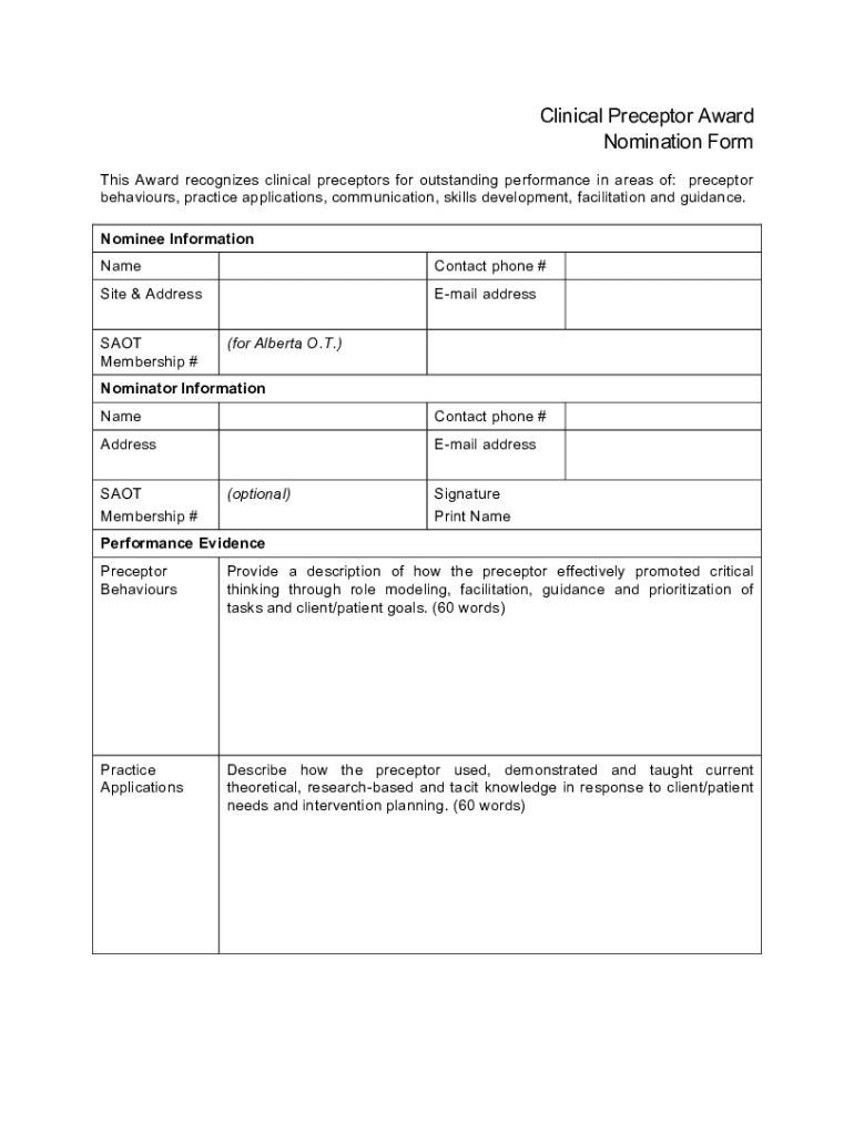 Fillable Online Clinical Preceptor Award.Nomination Form.Approved ...