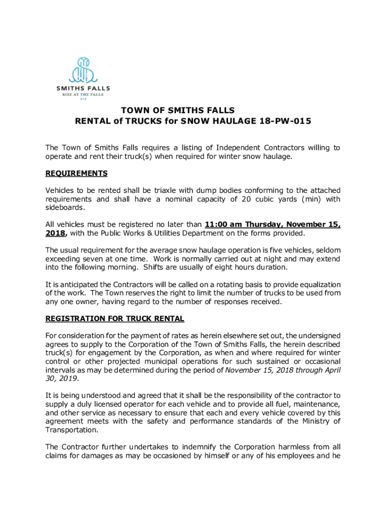 Fillable Online TOWN OF SMITHS FALLS RENTAL of TRUCKS for SNOW HAULAGE ...