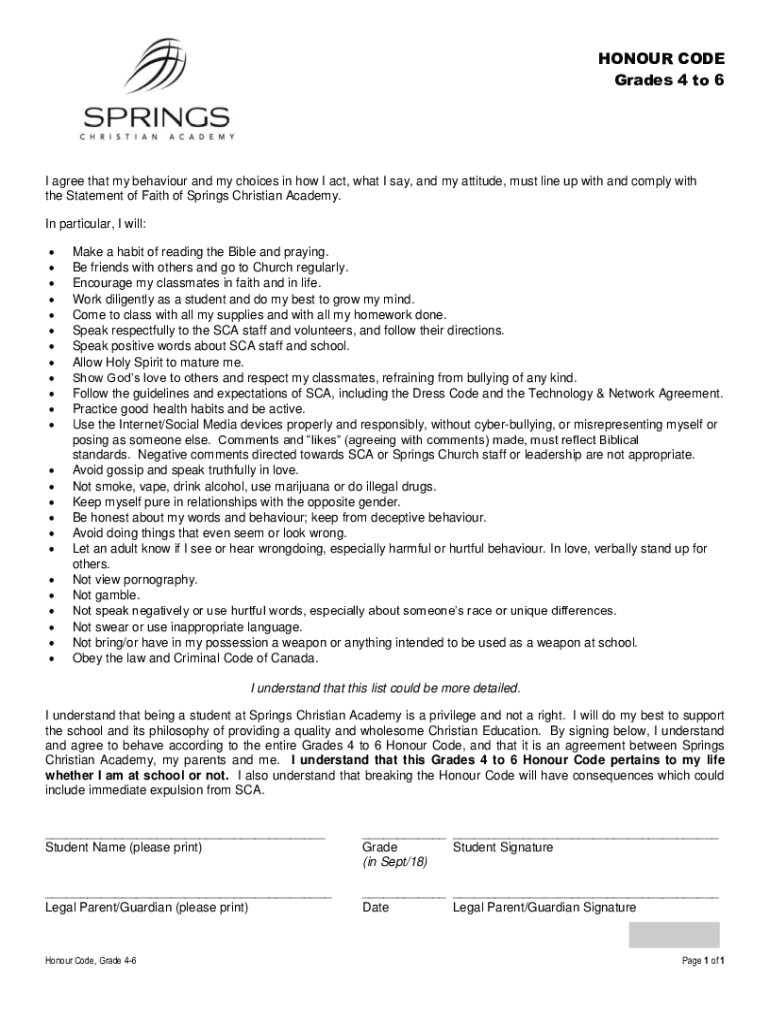 Fillable Online Fillable Online HONOUR CODE Grades 4 to 8 - Springs ...
