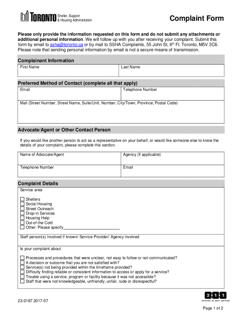 Fillable Online SSHA Complaint Form. Complaint form Fax Email Print ...