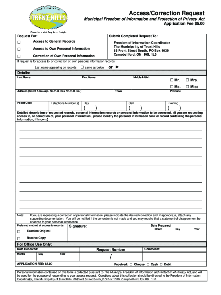 Fillable Online Access/Correction Request Municipal Freedom of Information ... Fax Email Print ...