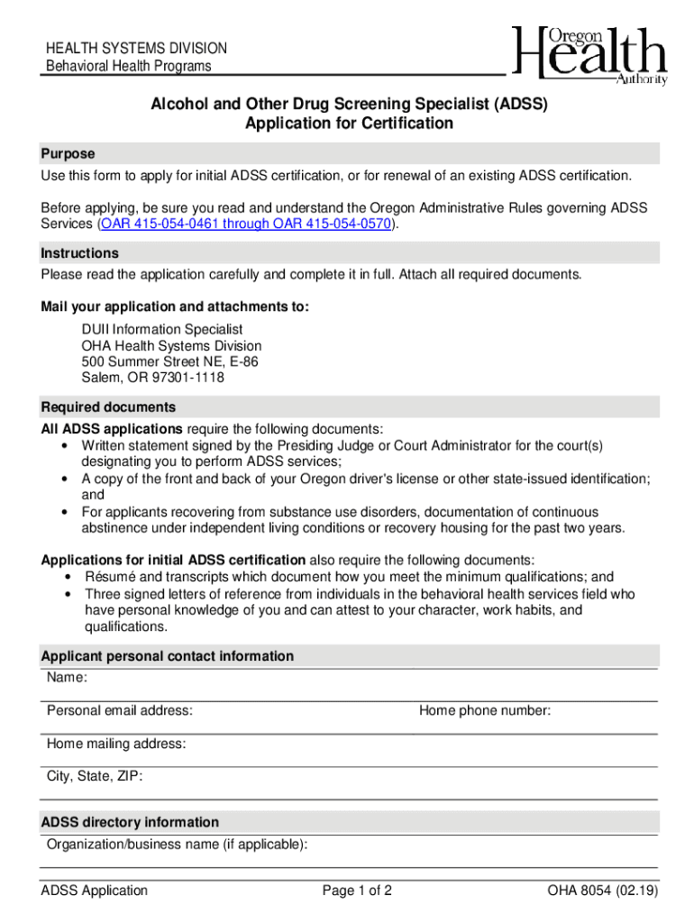 Fillable Online Alcohol and Other Drug Screening Specialist (ADSS ...