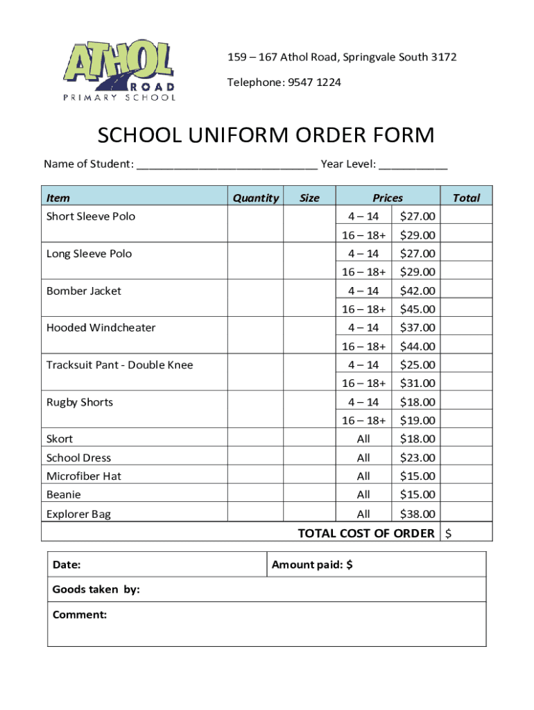 Fillable Online UNIFORM ORDER FORM - Athol Road Primary School Fax ...