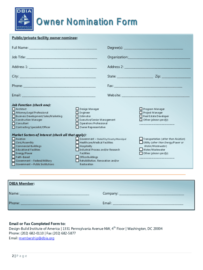 Fillable Online The DBIA Owner Nomination Program provides the ...