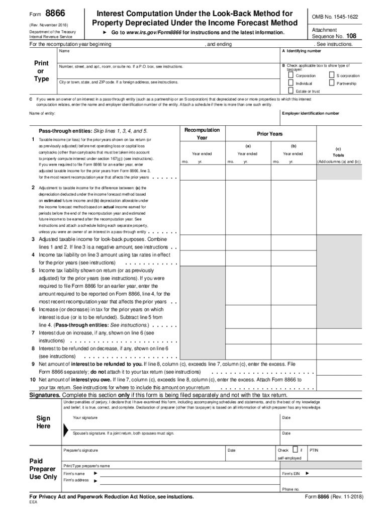 Fillable Online IRS Form 8866 "Interest Computation Under the Look-Back ...