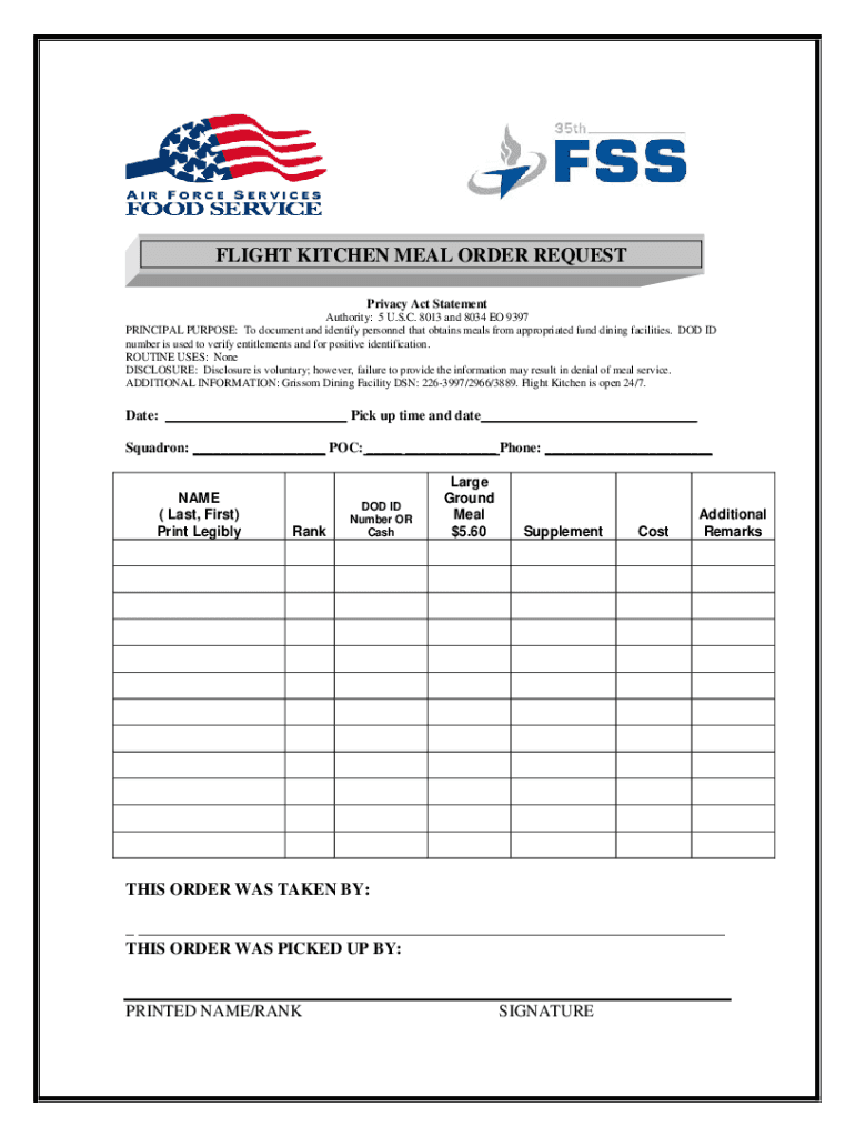 Fillable Online Fillable Online FLIGHT KITCHEN MEAL ORDER REQUEST Fax ...