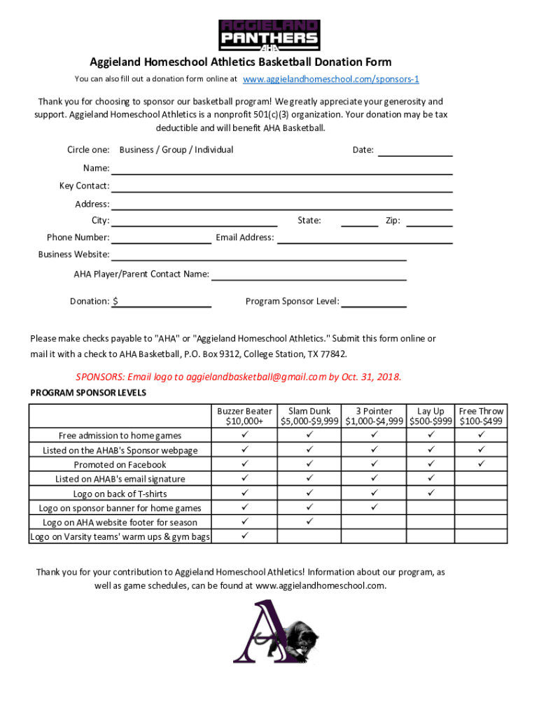 Fillable Online Aggieland Homeschool Athletics Basketball Donation Form ...