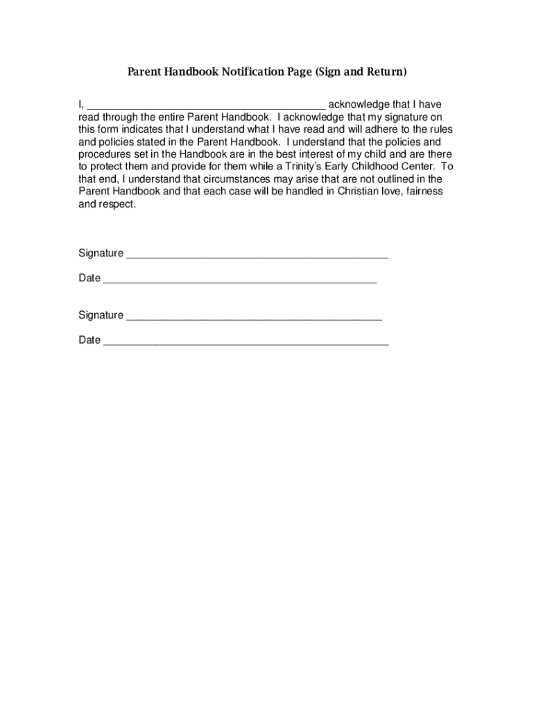Fillable Online Parent Handbook Acknowledgement Form By signing this ...