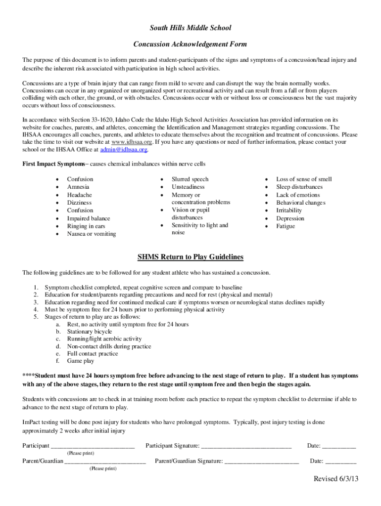 Fillable Online South Hills Middle School Concussion Acknowledgement ...