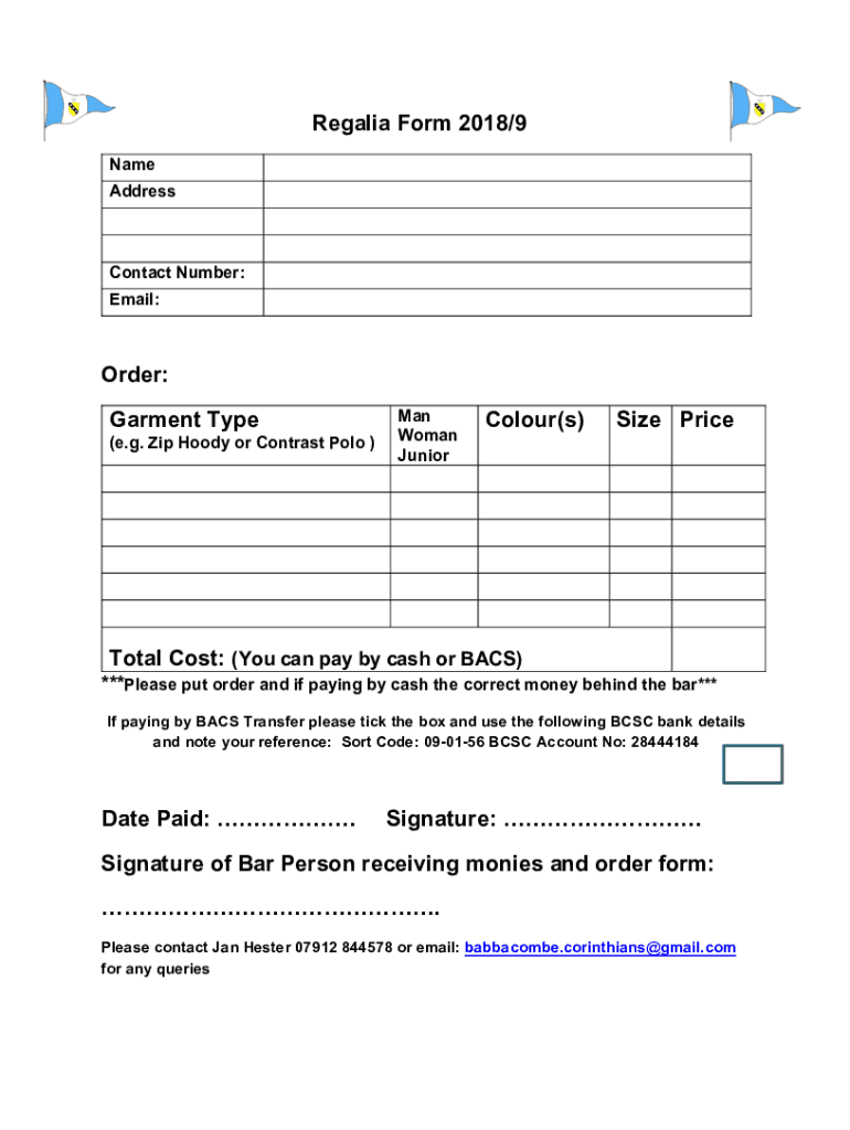Fillable Online Regalia Order form with BACS information Nov18.docx Fax ...