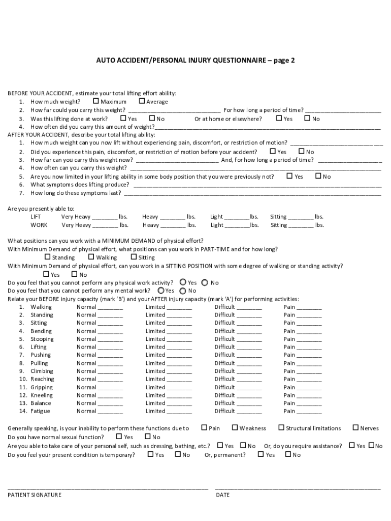 Fillable Online AUTO ACCIDENT/PERSONAL INJURY QUESTIONNAIRE page 2 Fax ...